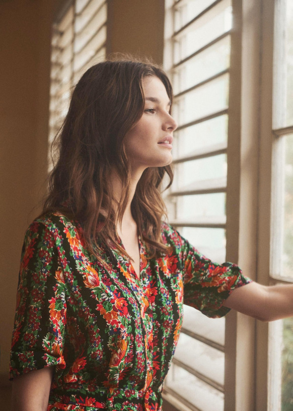 Lexia dress - Cotton Satin Rose Bouquet - Silk - Sézane