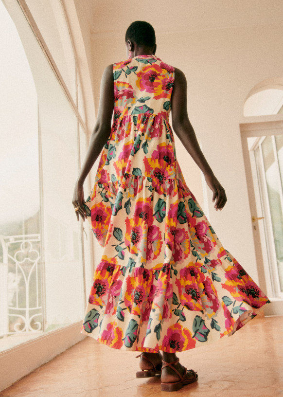 Clari Dress - Sézane x Momonì - Maxi Flowers Ecru Background - Organic ...