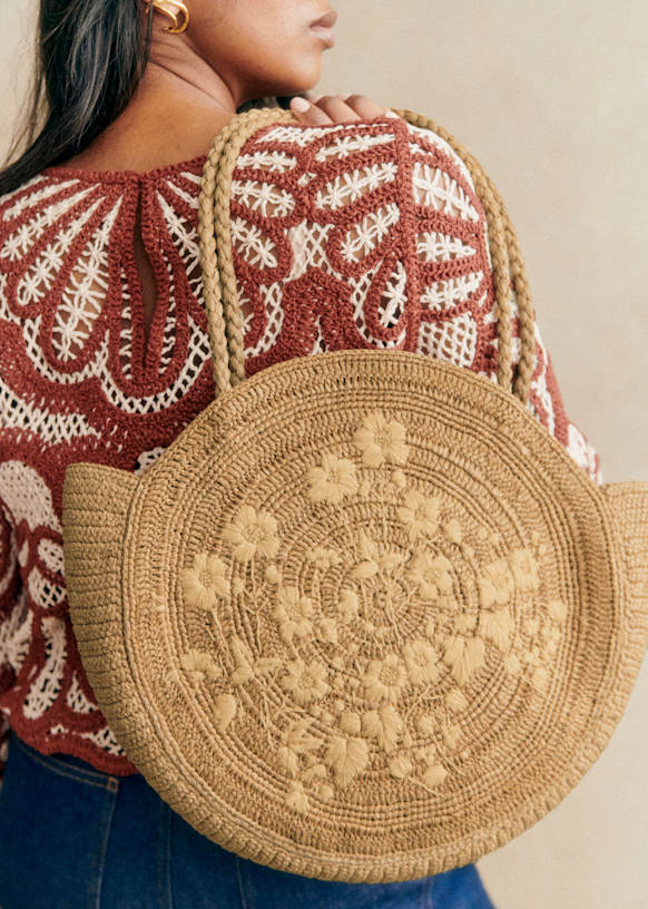 June Basket - Raffia with Embroidered Flowers - Raffia - Octobre Éditions