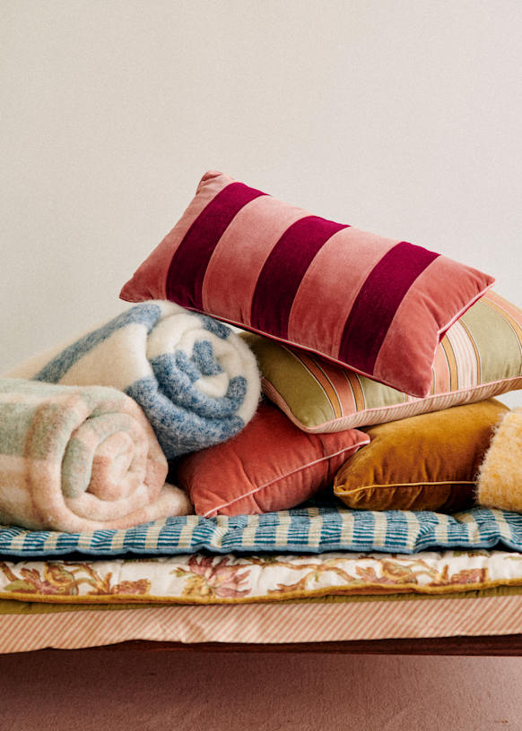Velvet Stripes Cushion - Small Model - Blush and Burgundy - Organic ...