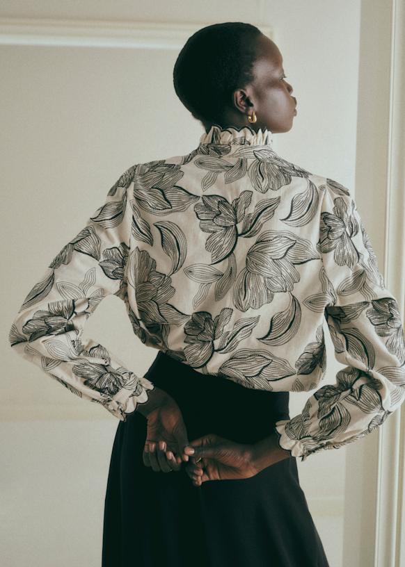 Cendrine Shirt - Ecru with Black Embroidered Flowers - 0rganic cotton ...