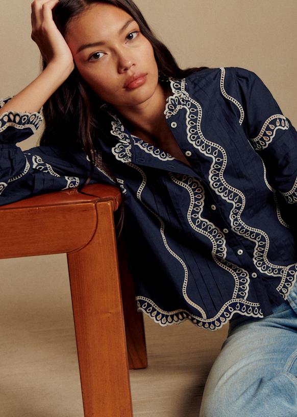 Camisa Françoise - Crudo fondo azul marino - Algodón orgánico - Sézane