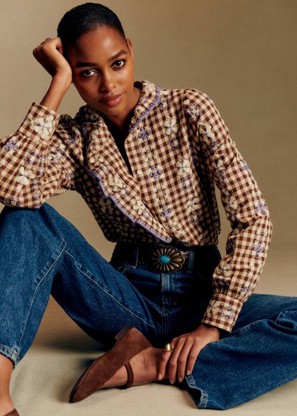 Coline Shirt - Lila Brown Gingham Embroidery - Organic Cotton - Sézane