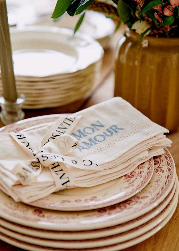 Set de 4 Serviettes - Les Mots brodés - Ecru - Textile coton-lin - Sézane