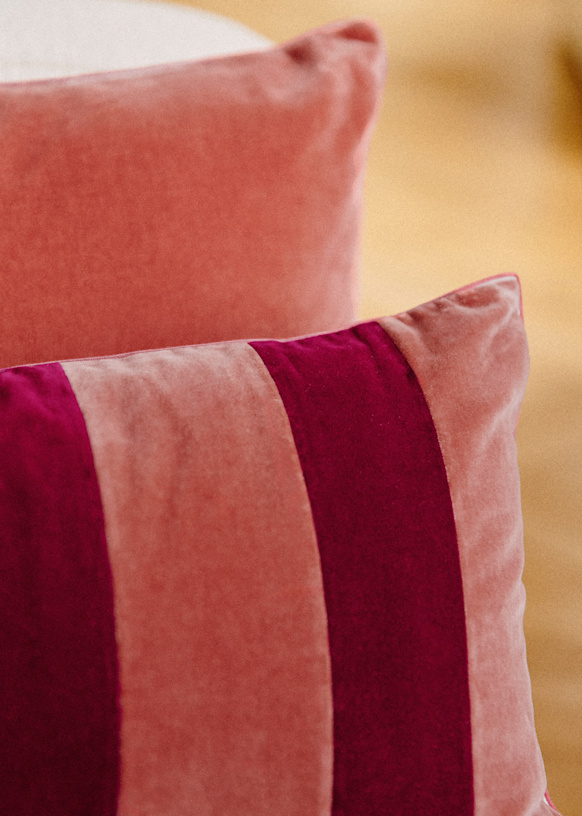 Velvet Stripes Cushion - Small Model - Blush and Burgundy - Organic ...